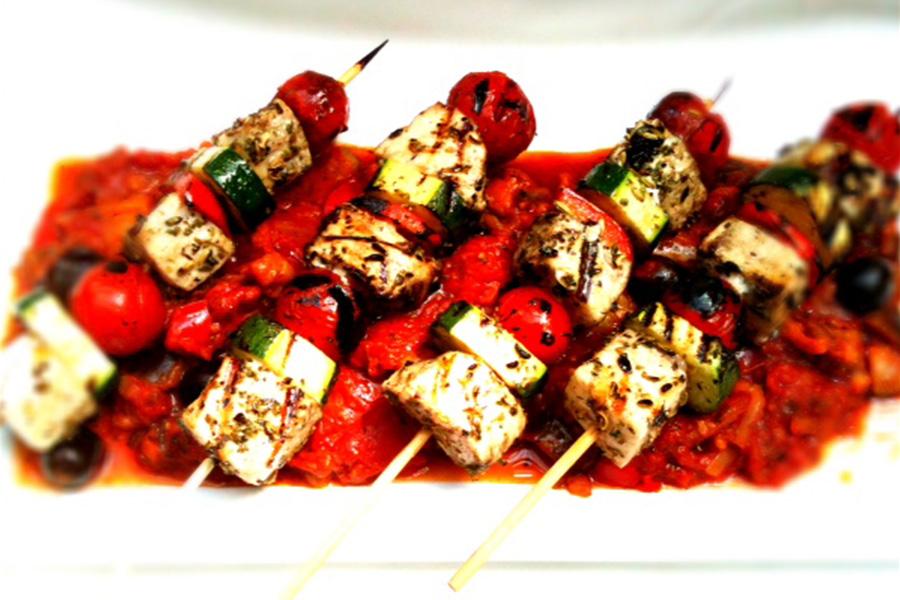 Greek marinated swordfish skewers